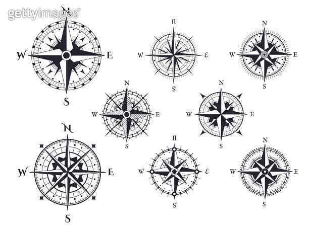 Retro compass. Wind rose nautical direction icons with cardinal points ...