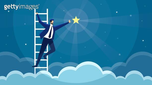 Businessman reaching star. Man climbing ladder and catching star ...
