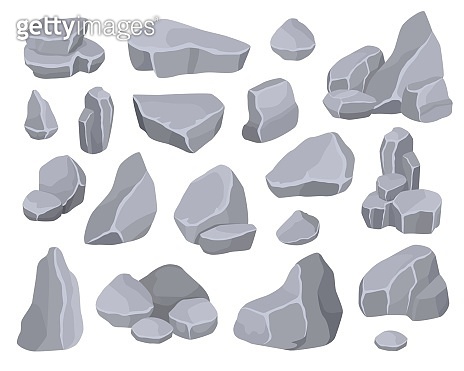 Cartoon grey rock stones rubbles, boulders and mountain cliffs. Stone ...