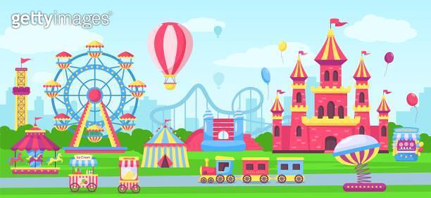 Amusement park with funfair attractions, carnival fairground rides ...