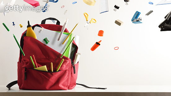 School supplies flying and coming out of school backpack 이미지 ...