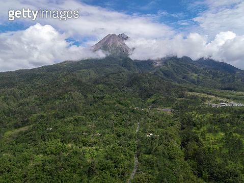 Aerial view of Mount Merapi Landscape with rice field and village in ...