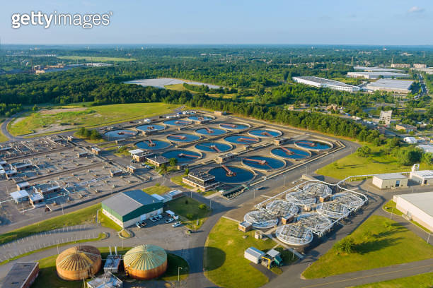 Top aerial view of water recycling station purification tanks of modern ...