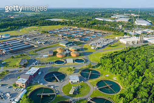 Panoramic aerial view of purification tanks of modern wastewater ...