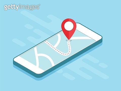 GPS navigation with check in symbol on screen of mobile phone isometric ...