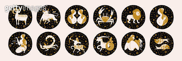 Zodiac sign. Vector emblems in a black circle. Zodiac signs Aries ...