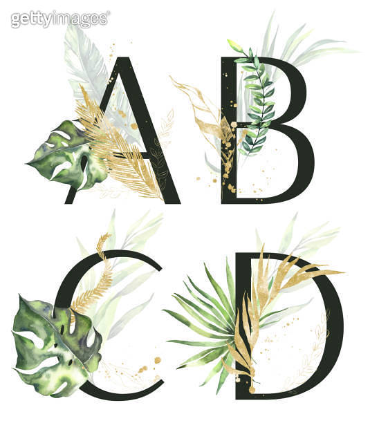 Tropical green and gold floral Alphabet collection - letters A, B, C, D ...