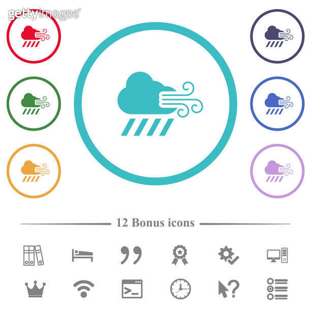 Windy and downpour weather flat color icons in circle shape outlines ...