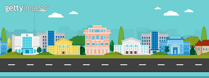 Vector poster with city buildings view with road. City street view ...