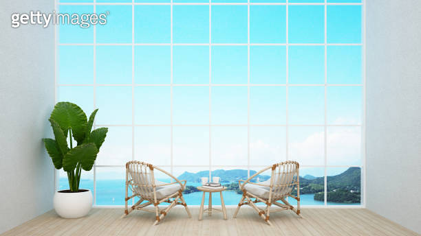 Living area with sea view for design artwork hotel or apartment - 3D ...