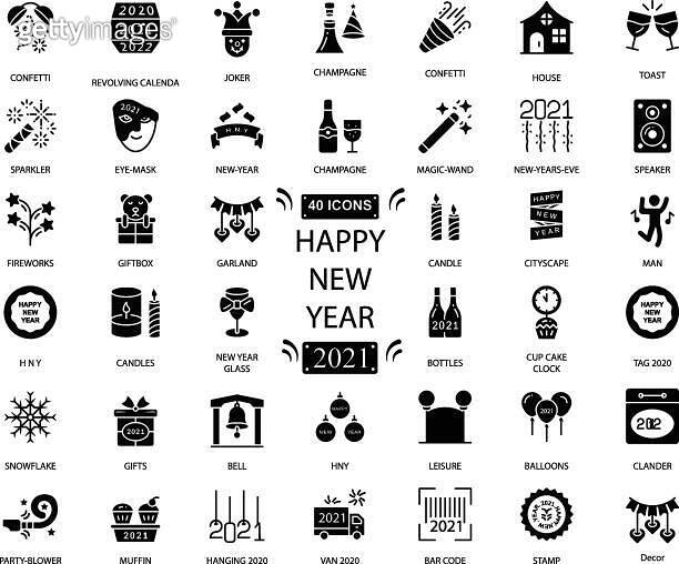 Happy New Year 2021 Set of 40 Concept Vector Icon Design, New Year ...