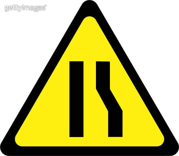 Warning sign with narrow road on right symbol 이미지 (1303754945) - 게티이미지뱅크