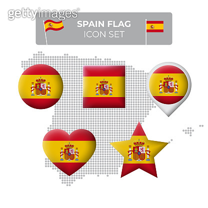Spain flag icons set in the shape of square, heart, circle, stars and ...