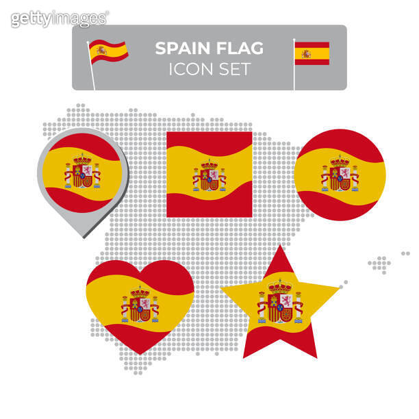 Spain flag icons set in the shape of square, heart, circle, stars and ...