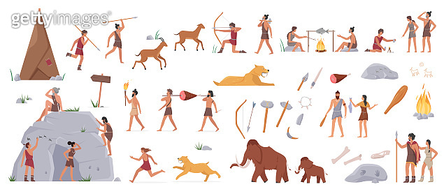 Prehistoric stone age cave hunter people, weapon tools and ancient wild ...