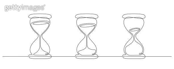 One continuous line drawing of hourglasses with flow sand. Set of three ...