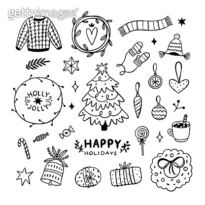 Merry Christmas doodle clipart. Hand drawn winter illustrations. Cute ...