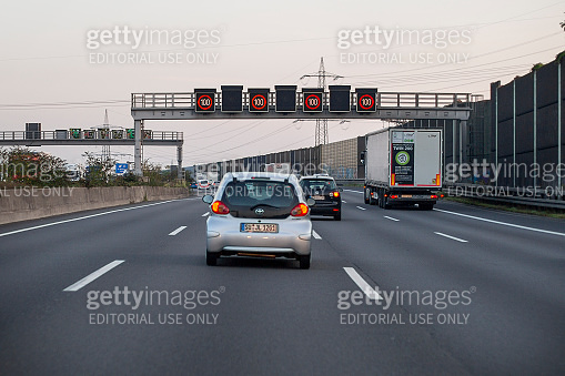 German highway A3, Speed limit sign, traffic information system ...