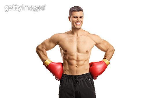 Shirtless male boxer with gloves smiling at camera 이미지 (1334851687 ...
