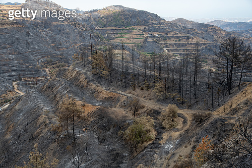 Mountain fire with burned agriculture land and forest. Odou village ...
