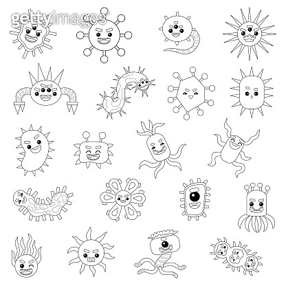 Black and white set of bacteria and virus characters, vector cartoon ...
