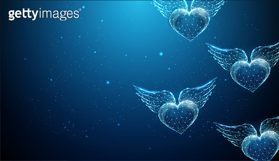Abstract flying blue hearts with wings. Happy Valentine's day card ...