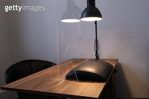 Manicure table with protective shield. Manicurist workplace with ...