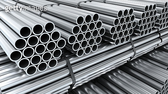 Close-up set of different diameters metal round tubes. Industrial 3d ...