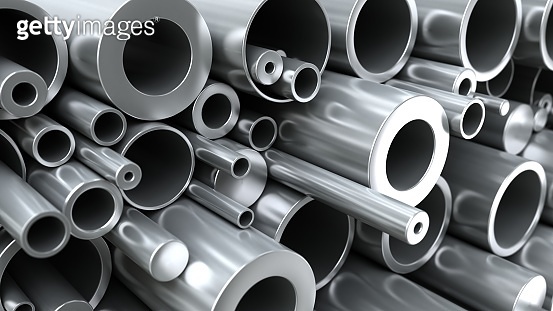 Close-up set of different diameters metal round tubes. Industrial 3d ...