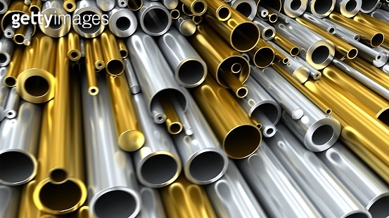 Close-up set of different diameters metal round tubes. Industrial 3d ...