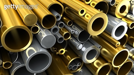 Close-up set of different diameters metal round tubes. Industrial 3d ...