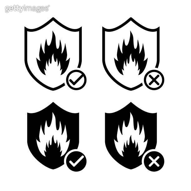 Heat resistant sign concept. Fire resistance. Shield with fire, flame ...