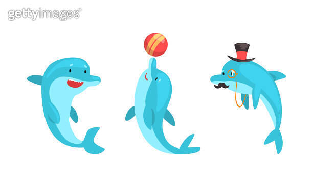 Blue Dolphin Character Playing Ball and Wearing Top Hat and Mustache ...