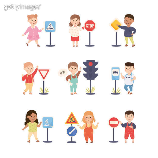 Smiling Kid Characters Learning Road Signs and Traffic Rules Vector ...