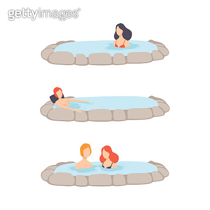 People Characters Enjoying Outdoor Thermal Spring Relaxing in Hot Water ...