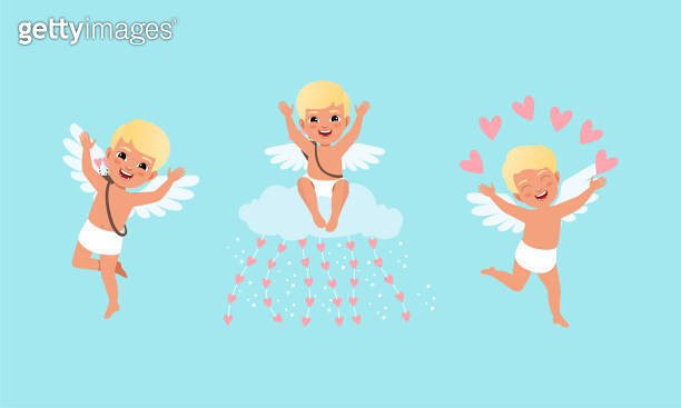 Cute Happy Boys Cherubs with Wings Set, Joyful Lovely Baby Cupid Characters in Different Actions ...