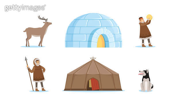 Inuit Characters in Traditional Clothing and Arctic Animals Vector Set ...