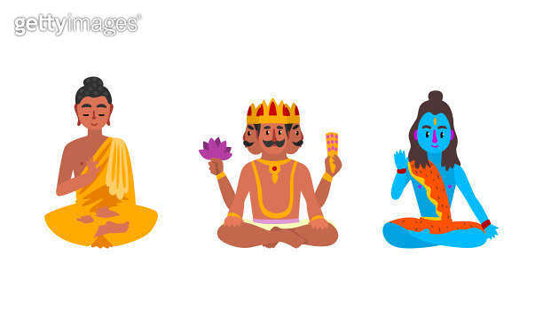 Indian Gods Set, Brahma, Sitting Buddha, Shiva Idols Cartoon Vector ...