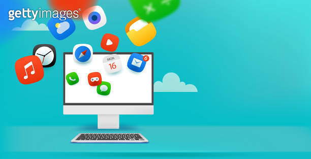 Using different internet applications on pc. Horizontal vector banner ...