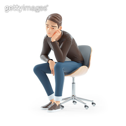 3d bored cartoon man sitting on chair 이미지 (1305956661) - 게티이미지뱅크