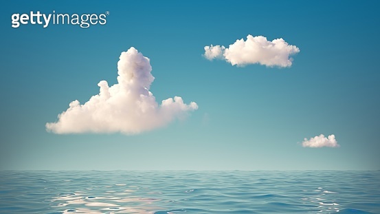 3d render, abstract simple background with seascape. White clouds in ...