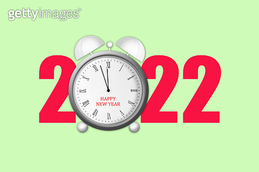 New Year background. 2022. Alarm clock with arrows at 12 o'clock, on a ...