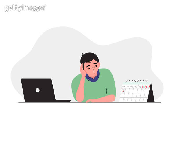 Man having boring weekdays, waiting for weekend at the office desk with ...