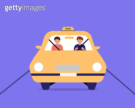 Taxi driver and passenger sitting in front seat in cab. A front view of ...
