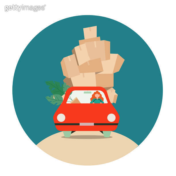 A girl driving a red car and relocating a new place with bunch of boxes ...