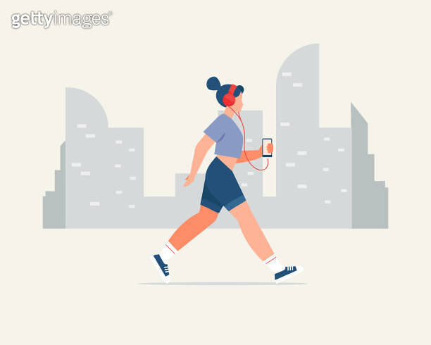 Young woman character walking outside with headphone, listening to ...