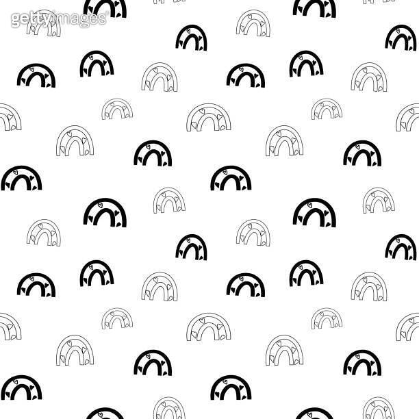 Rainbow seamless pattern, black and white hand-drawn arc doodle digital ...