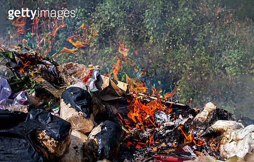 fire burn garbage waste plastic, smoke polluted of waste plastic ...
