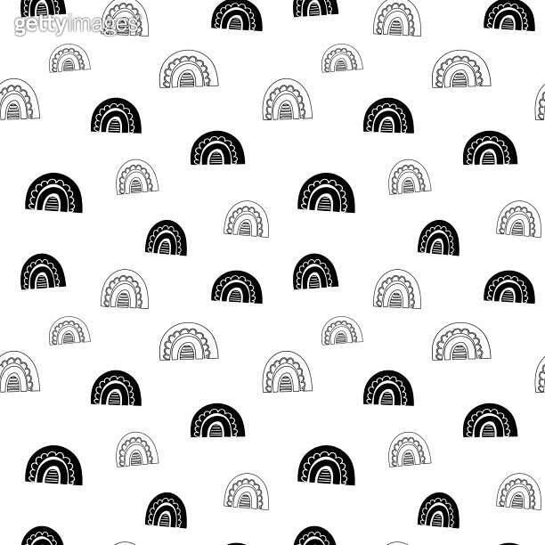 Rainbow seamless pattern, black and white hand-drawn arc doodle digital ...