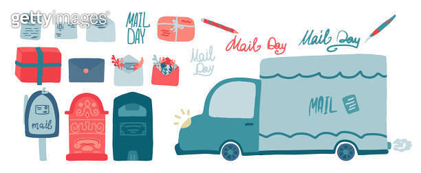 Set of vectors of mailbox, letters, envelopes, letterheads, mail ...